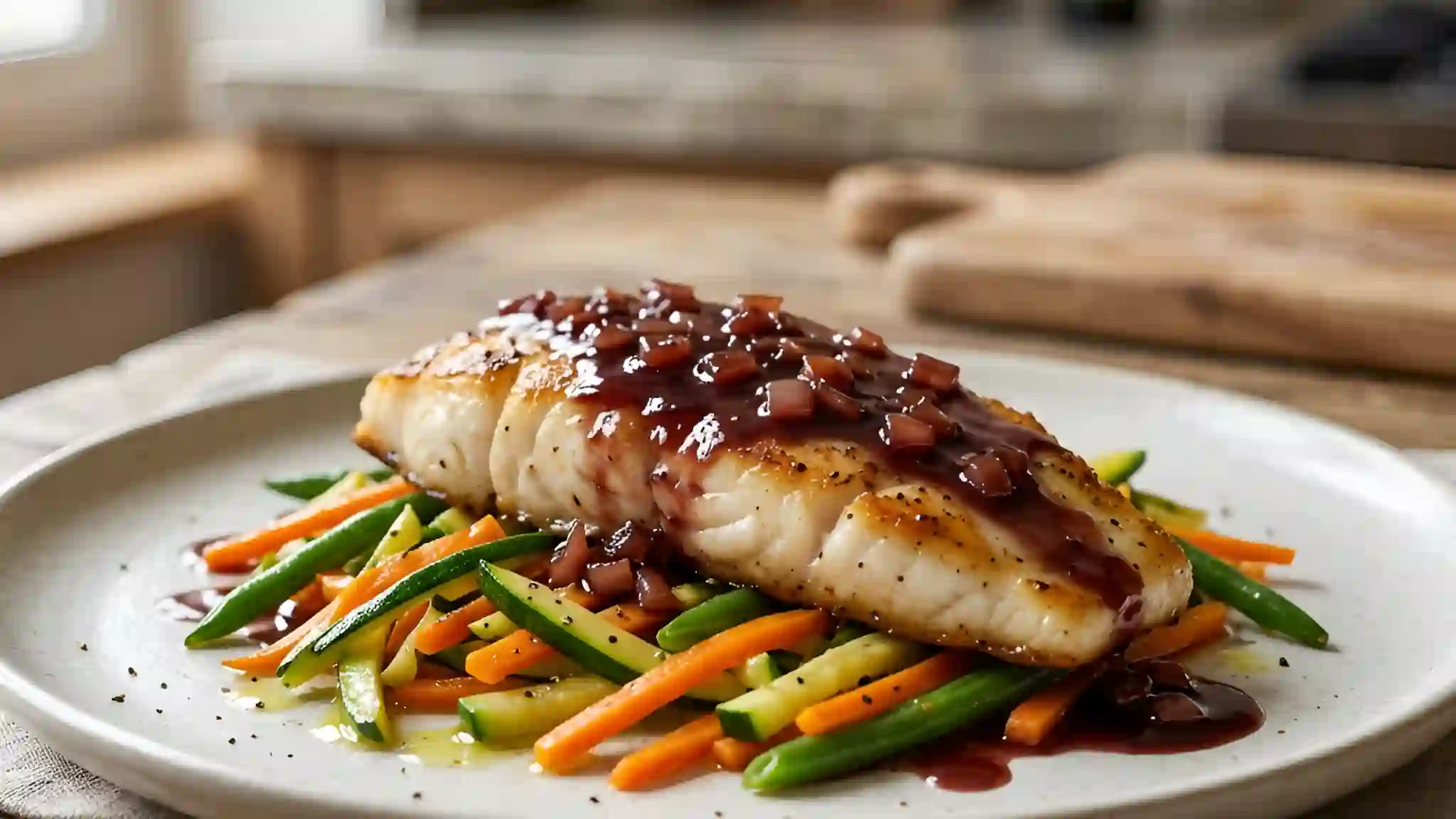 Merlan poêlé sauce porto et légumes croquants - recette facile et ...