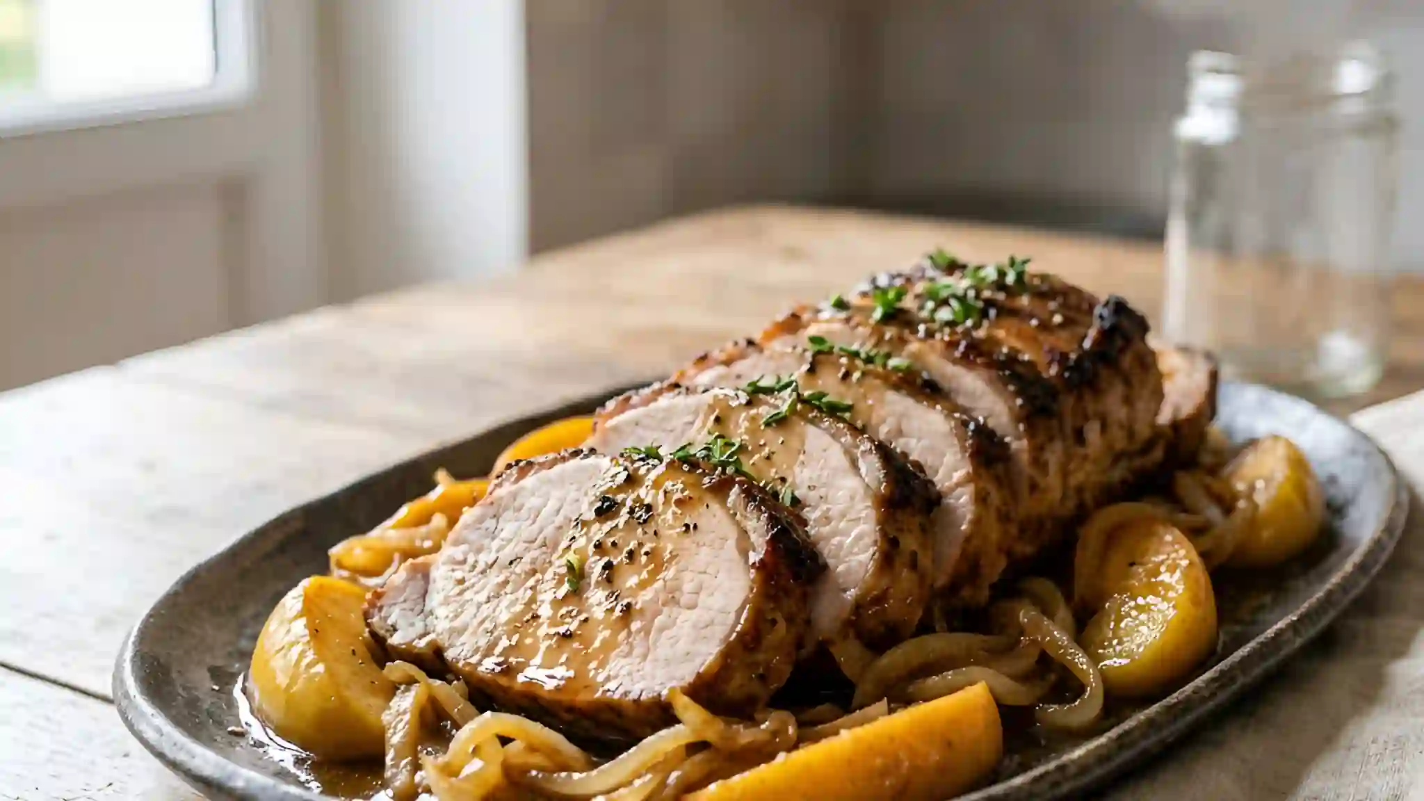 Rôti de porc sucré-salé fondant aux pommes caramélisées - recette ...