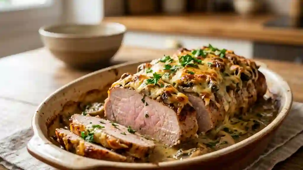 Rôti de porc aux champignons : la recette gratinée au four ...