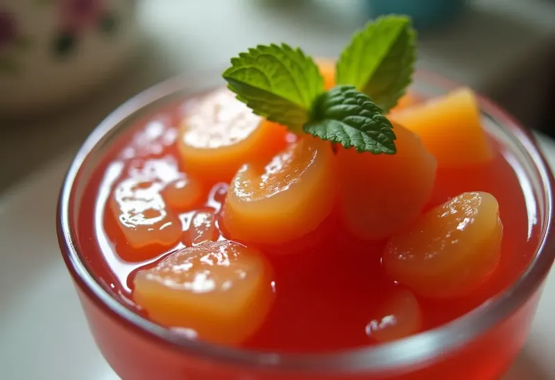 Recette facile de pêches et framboises en gelée de menthe fraîche ...