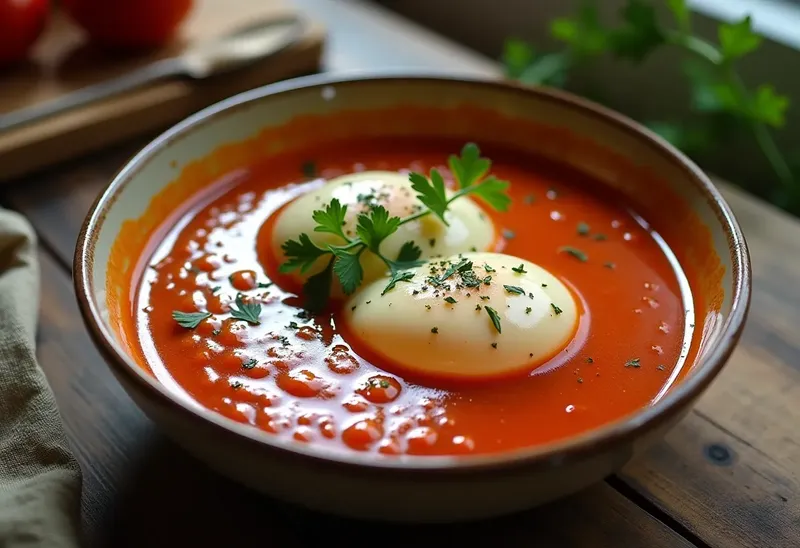 Soupe de tomates maison aux œufs pochés et cerfeuil frais - recette ...