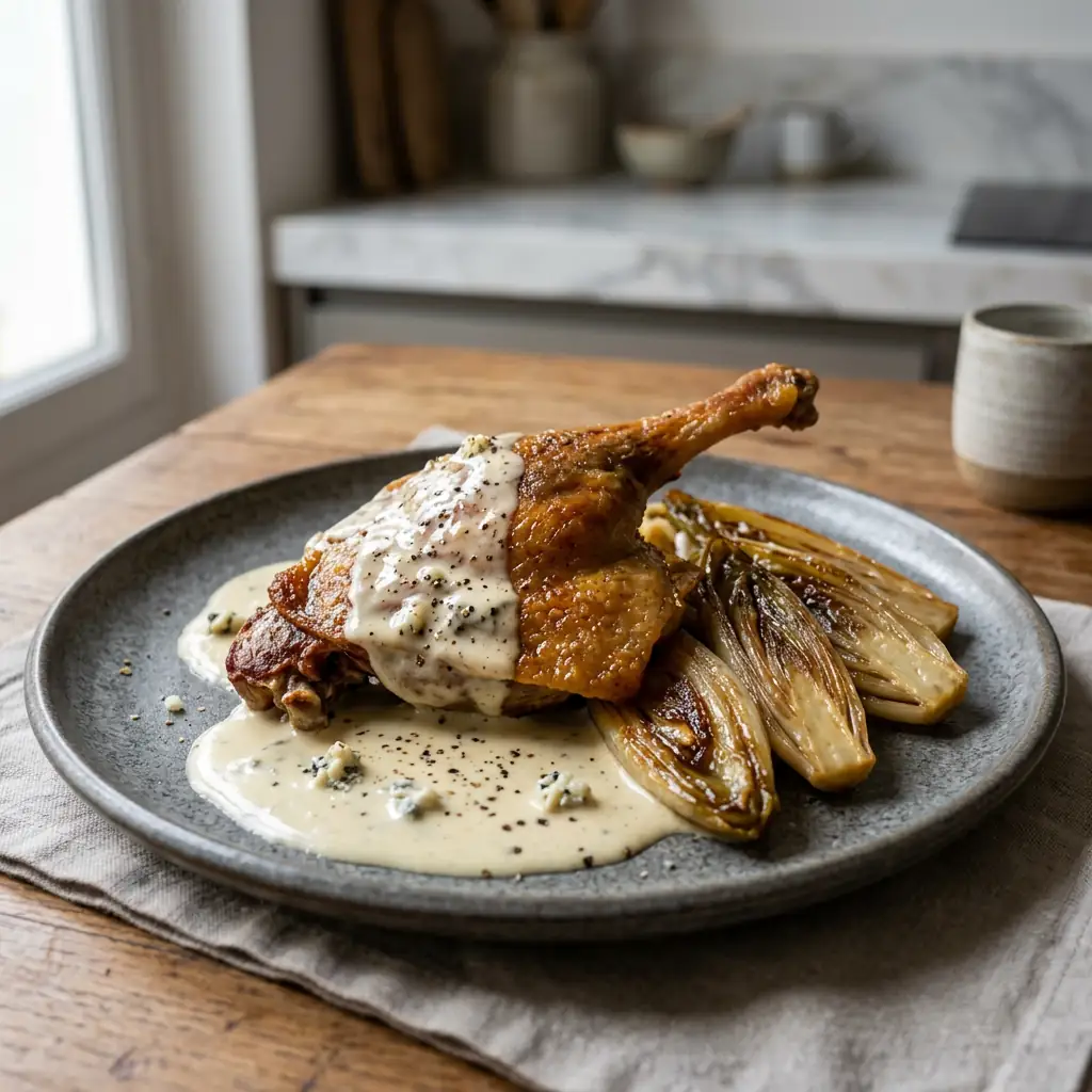Recette : Confit de canard et endives braisées au bleu ...