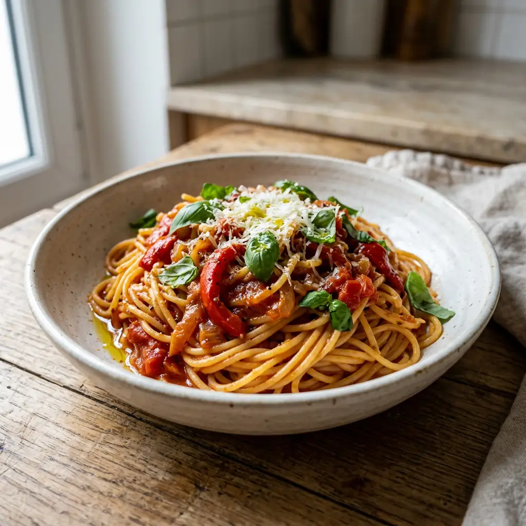 Pâtes aux poivrons et tomates : la recette inratable - LesBonnesRecettes.fr