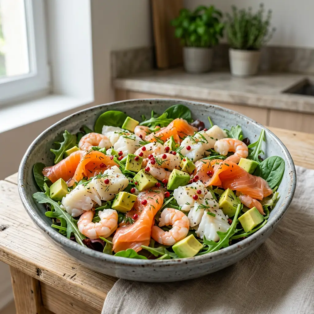 Salade de poissons froids aux baies roses : recette fraîche ...