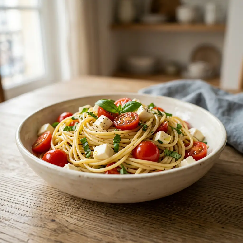 Salade de spaghetti mozzarella et basilic : recette fraîche ...