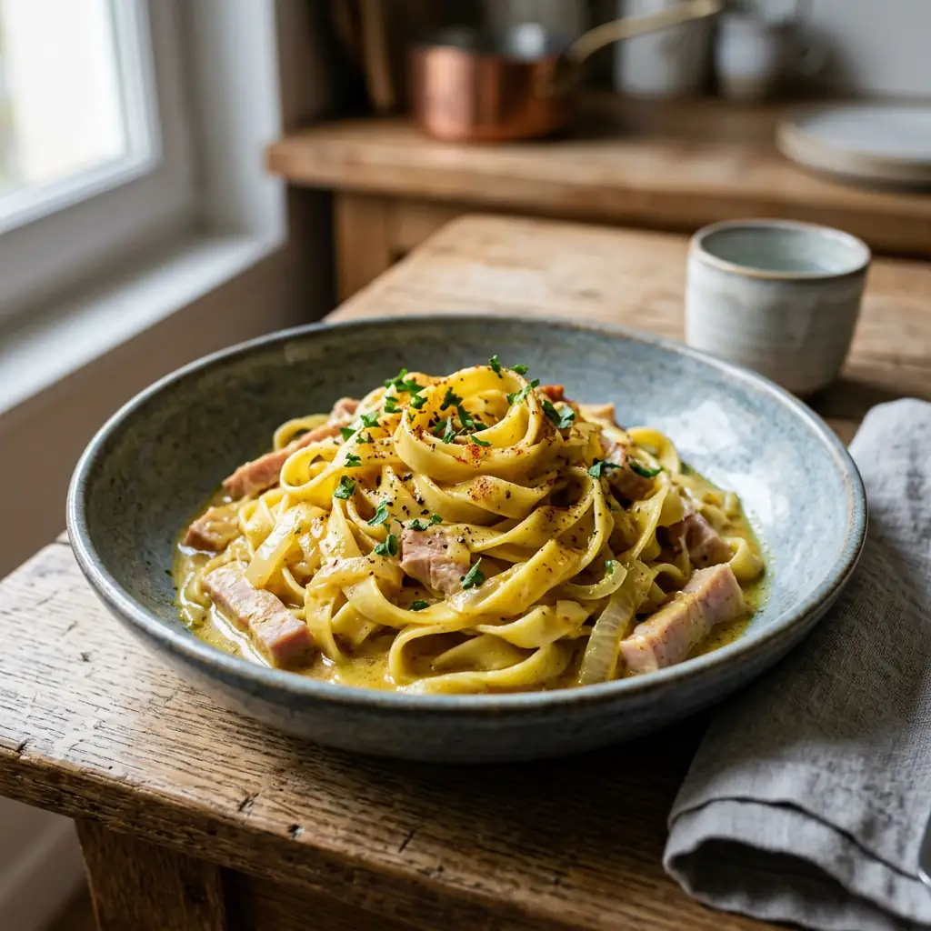 Tagliatelles au jambon et curry : la recette express - LesBonnesRecettes.fr